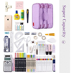SAIVEN Large Capacity Pen Pencil Case Stationery Storage Large Handle Pen Pouch Bag 3 Layers Pen Pencil Organizer Bag with Double Zipper, Cosmetic Bag for Men Women Adults (Purple)