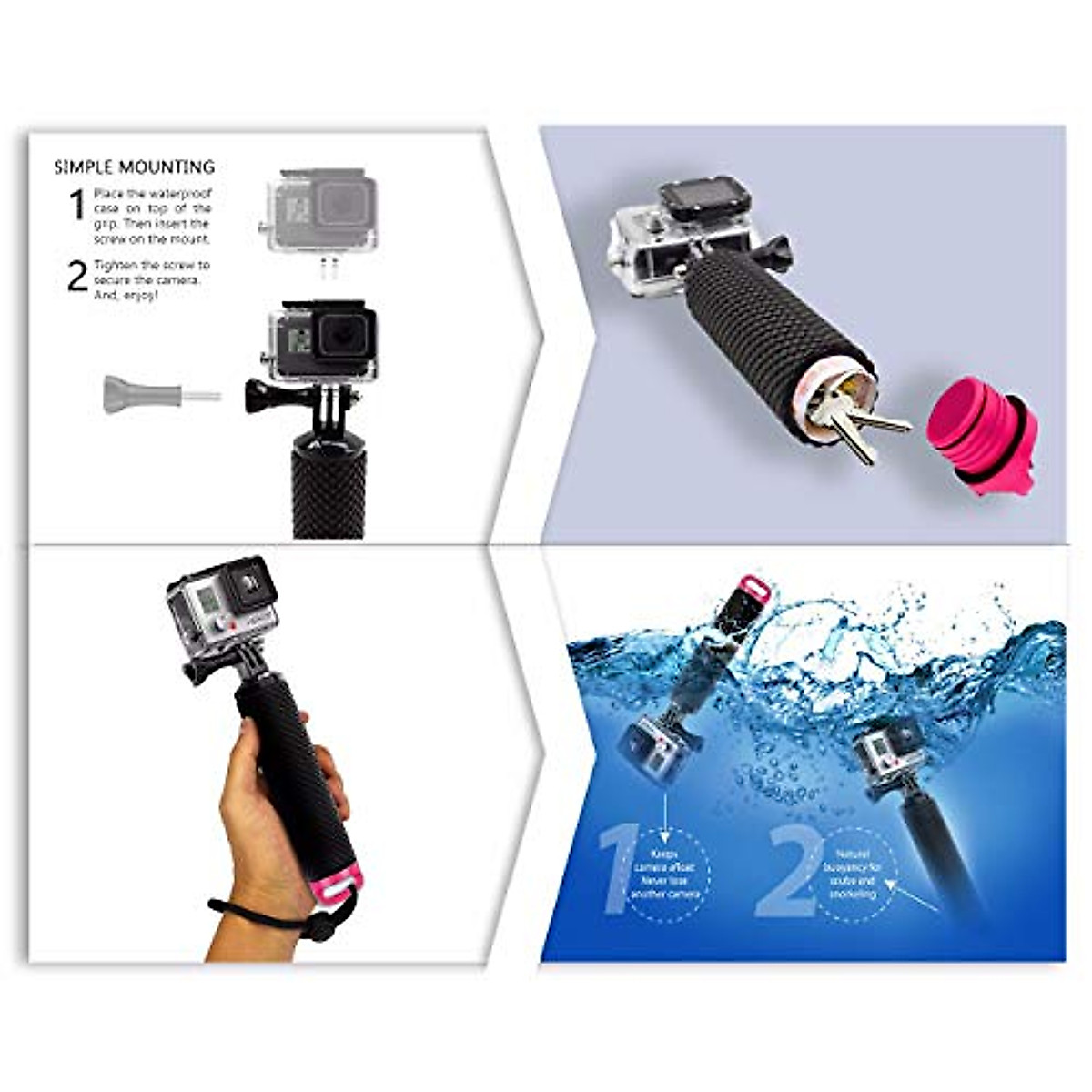 Waterproof Floating Hand Grip Compatible with GoPro Hero 11 10 9 8 7 6 5 4 3+ 2 1 Session Black Silver Handler & Handle Mount Accessories Kit for Water Sport and Action Cameras (Rose Red)