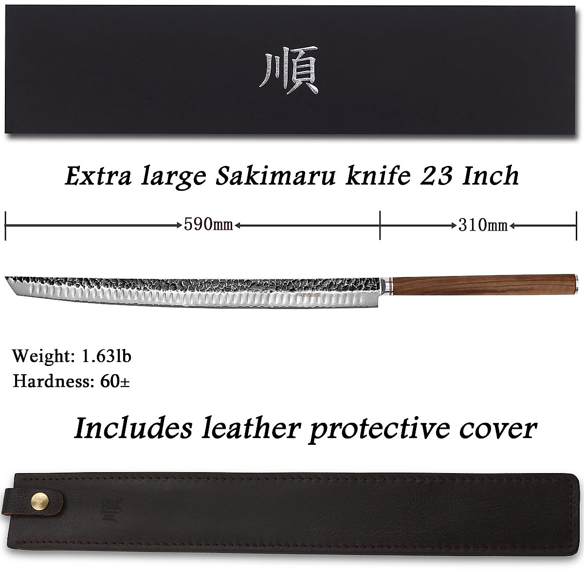 YOUSUNLONG Sakimaru Knife 23 Inch Ultra Yanagiba - Japanese Hammer Damascus Steel Blade - Chef Slicer Suitable for Cutting Large Maguro Tuna Salmon - Natural Walnut wood Handle with Leather