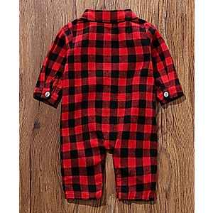 AGQT Toddler Boys Christmas Romper Red Plaid Suit Long Sleeve Xmas T-Shirt Jumpsuit Gentleman Formal One Piece Bodysuit Outfit (Red and Black Grid, 12-18 Months)