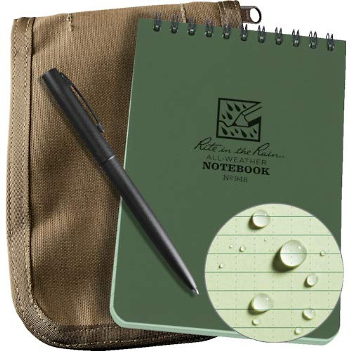 Rite In The Rain Weatherproof 4" x 6" Top Spiral Notebook Kit: Tan CORDURA Fabric Cover, 4" x 6" Green Notebook, and an Weatherproof Pen (No. 946-KIT)