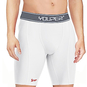 Youper Boys Athletic Supporter, Compression Shorts w/Soft Protective Athletic Cup, Youth Sizes (Small, White Grey)