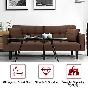 HOMHUM Convertible Sleeper Sofa Bed Modern Linen Fabric Couch Bed Futon Sofa Bed with 2 Pillows for Living Room, Apartment, Guest Room, Elegant Brown