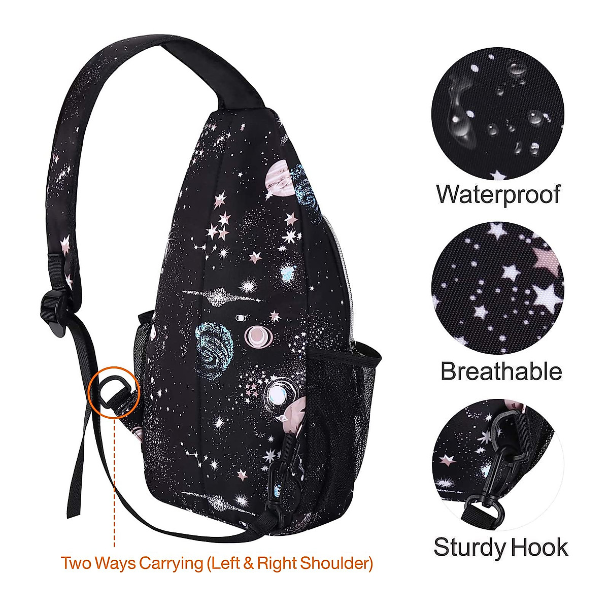 MOSISO Sling Backpack, Travel Hiking Daypack Galaxy Rope Crossbody Shoulder Bag, Black