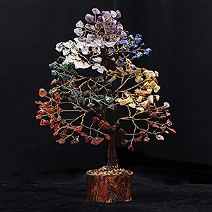 Shawn Seven Chakra Natural Healing Gemstone Bonsai Fortune Money Tree for Good Luck, Wealth & Prosperity Office Decor Spiritual Gift (with Golden Wire and 300 Beads) Size 10-12 Inches, Golden,natural