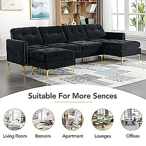 110" U-Shaped Sectional Sofa with Reversible Chaise and Movable Ottoman, 5-Seater Convertible Corner Couch with Side Pockets and Nail Head, Modern Comfy Sofa for Home Office Apartment (Black-021)