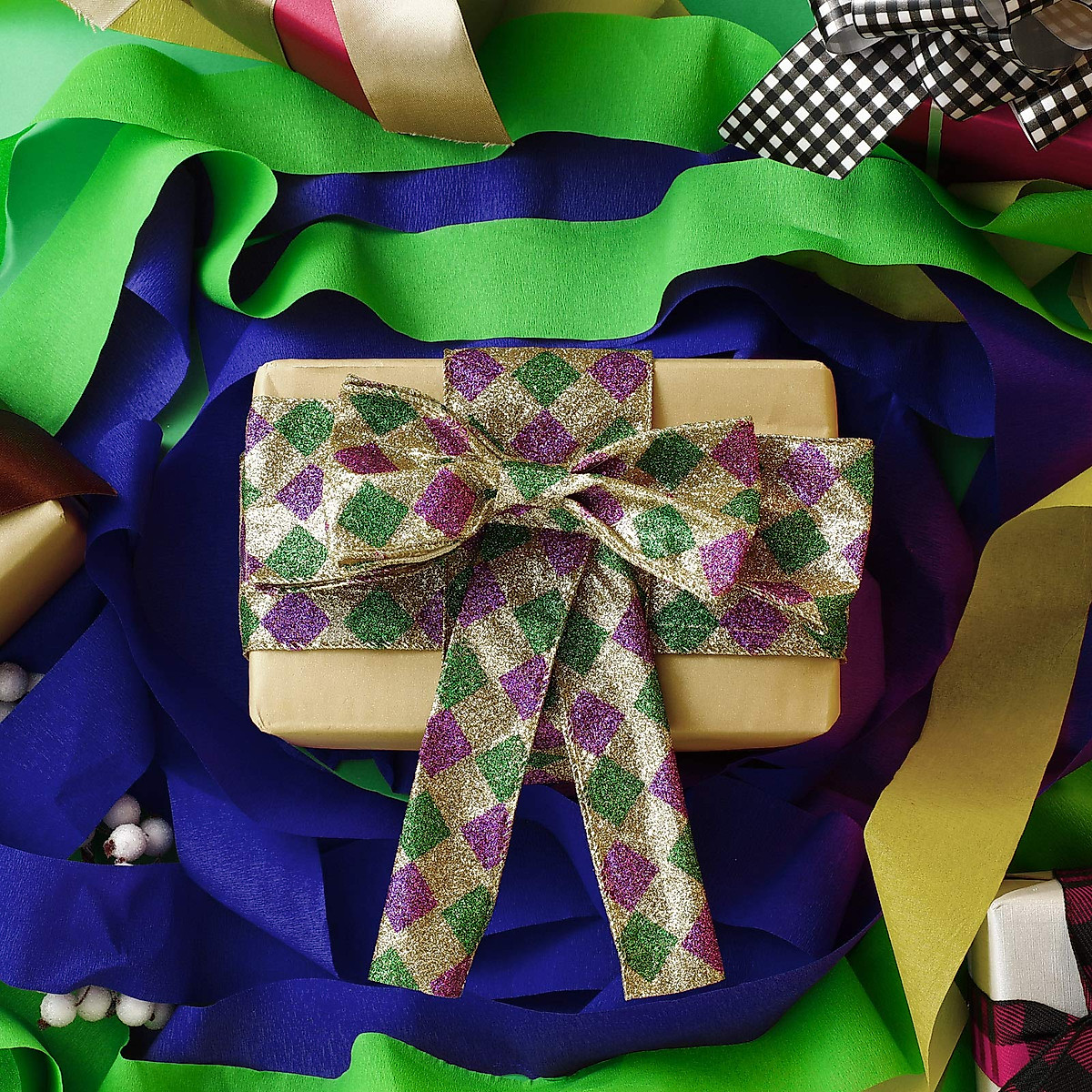 20 Yards Mardi Gras Wired Edge Ribbon Glitter Check Wired Ribbon Glitter Metallic Wrapping Ribbon for Mardi Gras Masquerade Wedding Birthday Party Decoration (2.5 Inch)