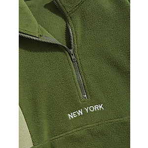 ZAFUL Men's Fluffy Polar Fleece Sweatshirt NEW YORK Embroidery Colorblock Half Zip Unisex Hoodie Deep Green M