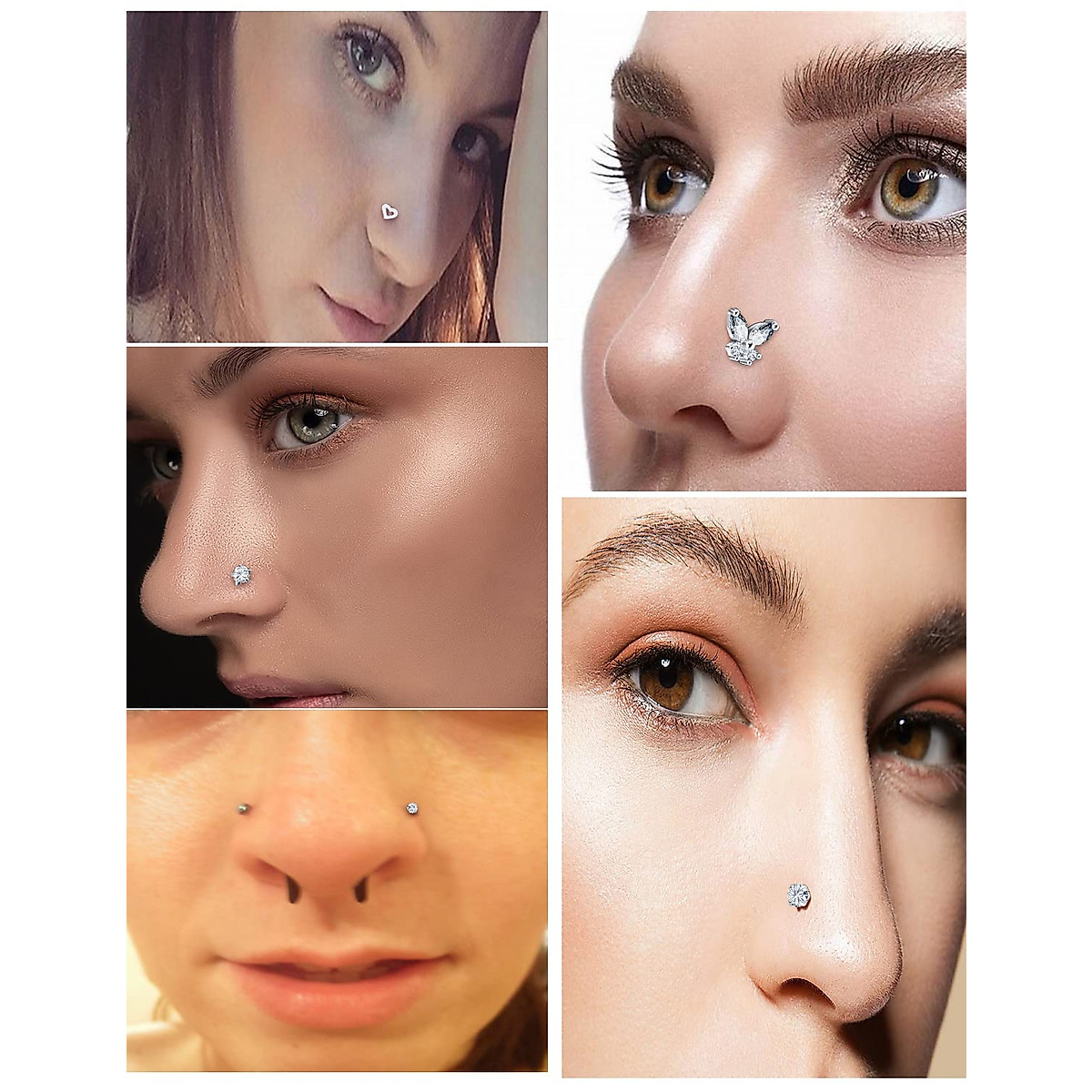 20G Flower Nose Rings for Women 316L Surgical Stainless Steel L Shaped Nose Studs Screw Bone butterfly Nose Rings Heart-Shaped Nose Studs Nostril Piercing Diamond CZ 2mm 2.5mm 3mm Silver 12pcs