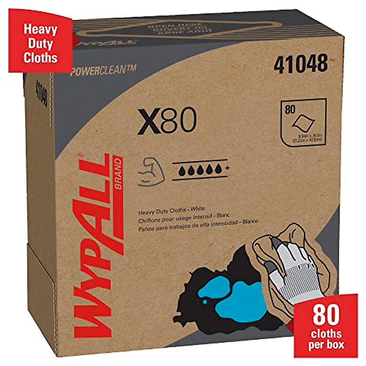 WypAll Power Clean X80 Heavy Duty Cloths (41048), Pop-Up Box, White, 80 Sheets / Box, 5 Boxes / Case, 400 Sheets / Case