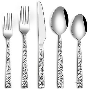 Hammered Silverware Set, HaWare 60-Piece Stainless Steel Flatware Set for 12, Modern Eating Utensils Tableware Cutlery Set for Kitchen Hotel Restaurant Party, Mirror Polished - Dishwasher Safe