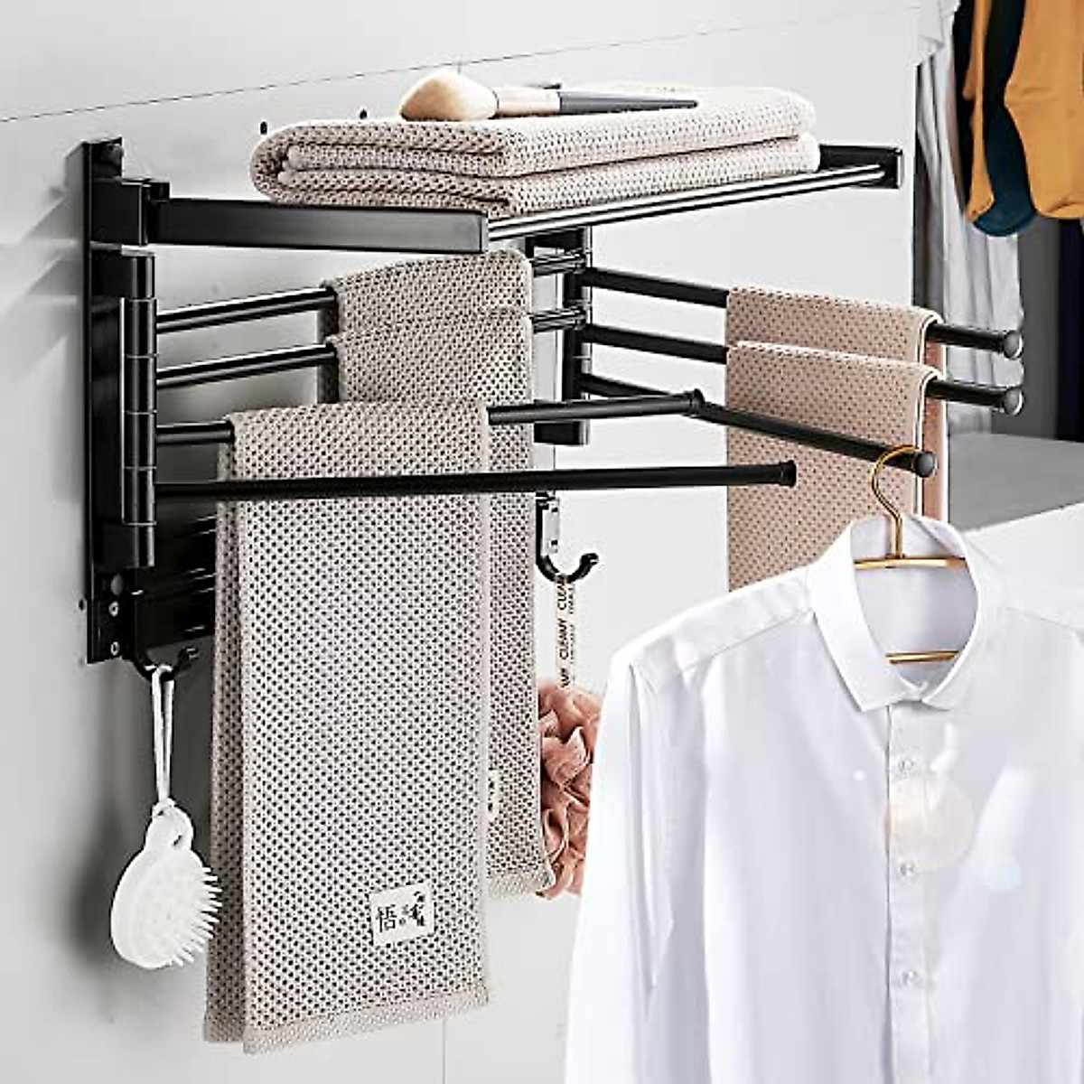 Clothes Drying Rack Wall Mounted, Laundry Drying Rack Clothing, Drying Racks for Laundry with Swivel Towel Arms and Hanging Hooks, Space Organization for Laundry Room, Bathroom, Aluminum, 24IN