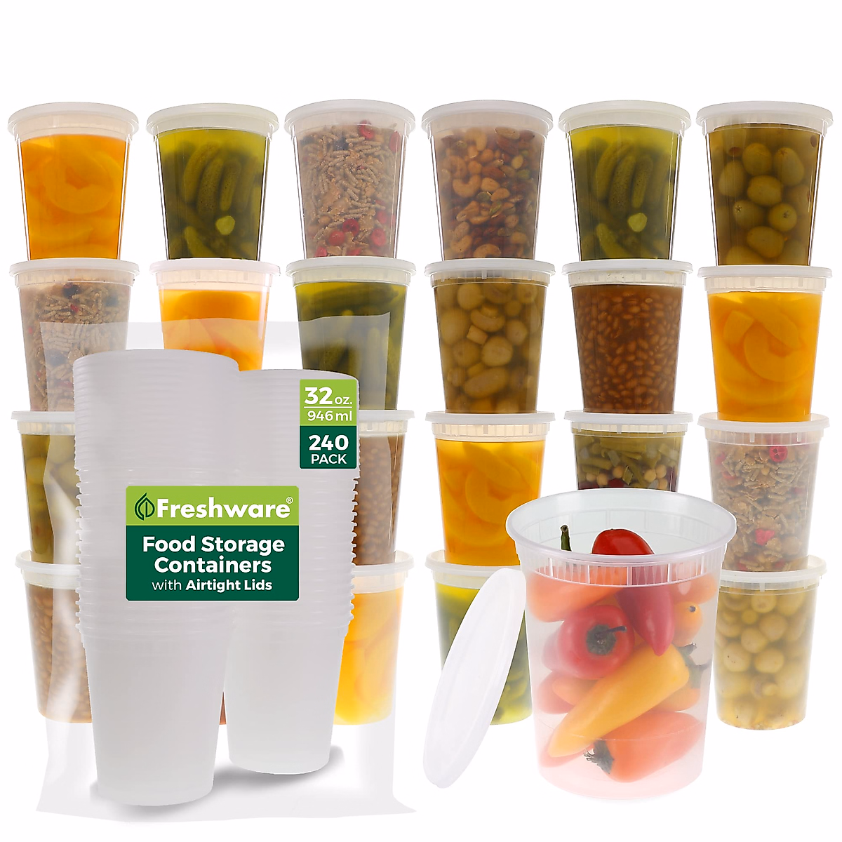 Freshware Food Storage Containers [240 Set] 32 oz Plastic Deli Containers with Lids, Slime, Soup, Meal Prep Containers | BPA Free | Stackable | Leakproof | Microwave/Dishwasher/Freezer Safe