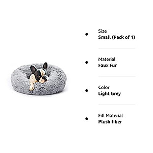 Eterish 23 inches Fluffy Round Calming Dog Bed Plush Faux Fur, Anxiety Donut Dog Bed for Small Dogs and Cats, Pet Cat Bed with Raised Rim, Machine Washable, Light Grey