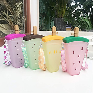 YunQin 320ml Plastic Water Bottles, 4 Colors Cute Watermelon Ice Cream Water Bottle with Straw, Anti-fall Portable Popsicle Shape Water Cup for Girls (pink)