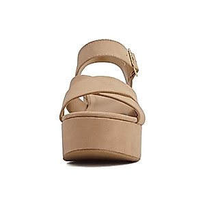Soda “SYREN” ~ Women Open Round Toe Crisscross Band Ankle Strap Buckle High Heel Notch Wedge Sandal (Dark Nude Nubuck, us_footwear_size_system, adult, women, numeric, medium, numeric_7_point_5)