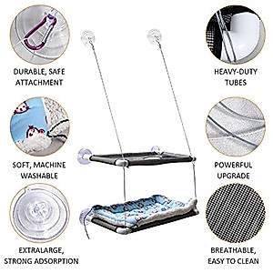 Cat Window Perches Deluxe Double Layers, Free Soft Lamb's Fleece Blanket and Toys, Up to 55 lbs, Space-Saving Cat Bed, Pet Kitty Resting Seat Safety Cat Hammock for Large Cats, Full 360° Sunbathing