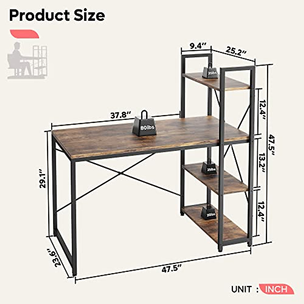 Bestier Computer Desk with Shelves - 47 Inch Small Space Home Office Desks with Bookshelf for Study Writing and Work - Plenty Leg Room and Easy Assemble, Rustic Brown