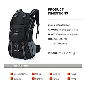 MOUNTAINTOP 40L Hiking Backpack with 3L Hydration Bladder for Women & Men Outdoor Travel Camping Day Pack with Rain Cover, 21.7 x 13 x 7.9 in,Black