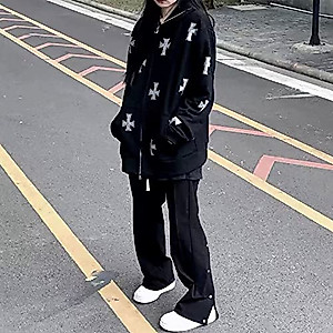 SOLILOQUY Women Hip Hop Joggers Zip Hoodie Korean Fashion Punk Sport Coat Pullover Rhinestone Gothic Long Sleeve Sweatshirt Y2K Jacket(Cross, M)