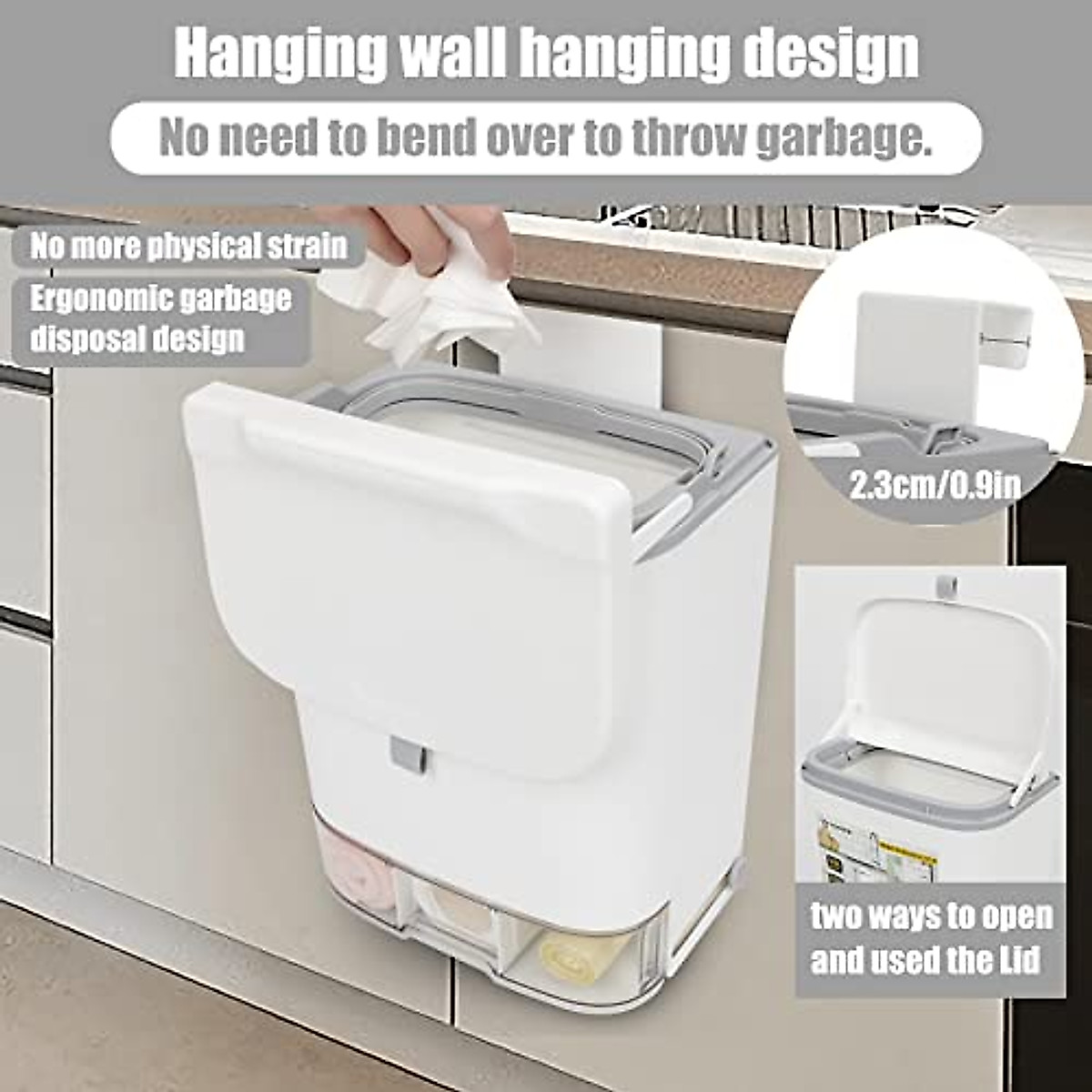KCmaster Hanging Trash Can - Lightweight Mountable Garbage Can for Convenient Cleaning - Large Capacity Small Counter Trashcan with Extra Storage for Countertop Trash, Food Waste, and More