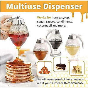 Honey Dispenser No Drip Glass - Maple Syrup Dispenser Glass - Beautiful Honey Comb Shaped Honey Pot - Honey Jar with Stand, Great Bee Decor