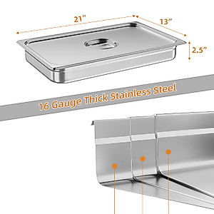 SPORTY&FIT 6 Pack Full Size Hotel Pan Commercial, Catering Pans [NSF Certified][with Lid] 2.5 Inch Deep Commercial Stainless Steel Anti-Jamming Steam Table Pan