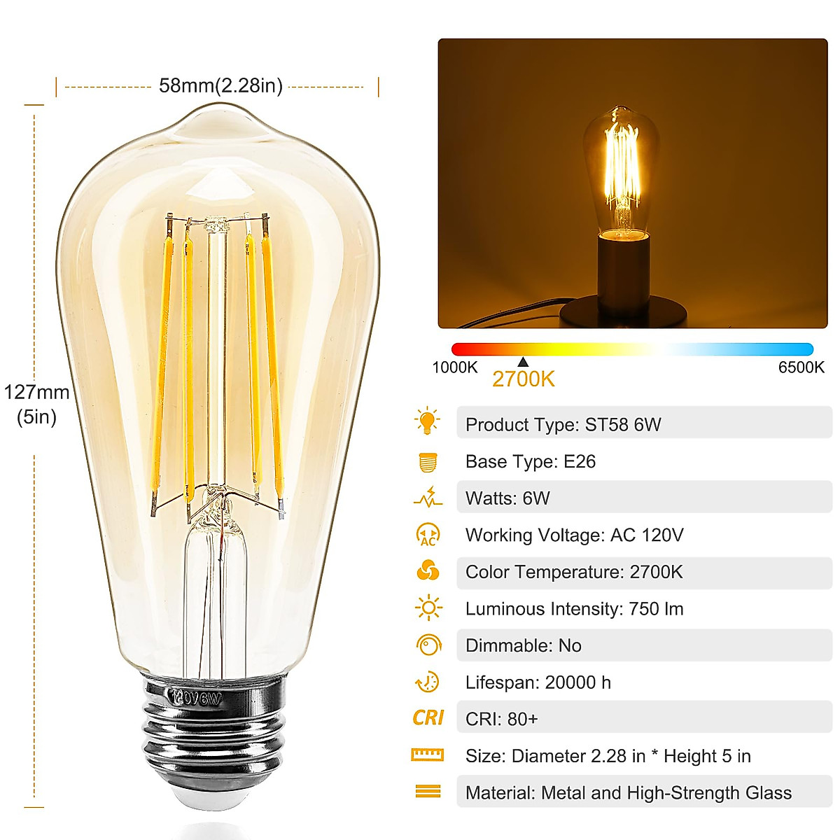 TopLeder Vintage LED Edison Bulbs 6W, Equivalent 60W Incandescent, Warm White 2700K, E26 Medium Base, Non-Dimmable, ST58 Antique LED Filament Bulbs with 80+ CRI, Amber Glass, Pack of 6