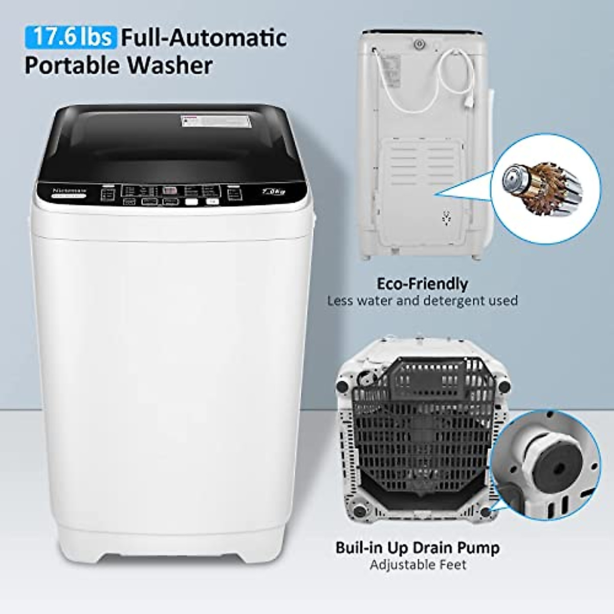 Portable Washing Homdox 17.8Lbs Portable Washer Machine with Drain Pump 1.92Cu.ft Capacity Full-Automatic Washer,with 10 Programs 8 Water Level Selections&LED Display Laundry Washer/Spinner for Home