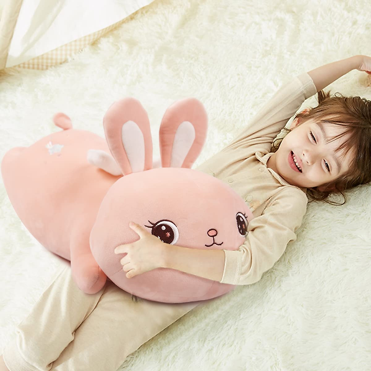 ARELUX Bunny Plush Stuffed Animal Pillow 22in Soft Cartoon Hugging Pillow Pink Bunny Plush Toys,Cute Rabbit Doll Throw Pillow with Wings Plush for Friends Family Birthday