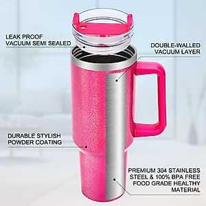 QDXMD 40 oz Tumbler with Handle and Straw Lid, Vacuum Insulated Leak Proof Double Walled Stainless Steel Glitter Travel Mug Tumblers, Maintains Cold Ice and Heat for Hours(Hot Pink)