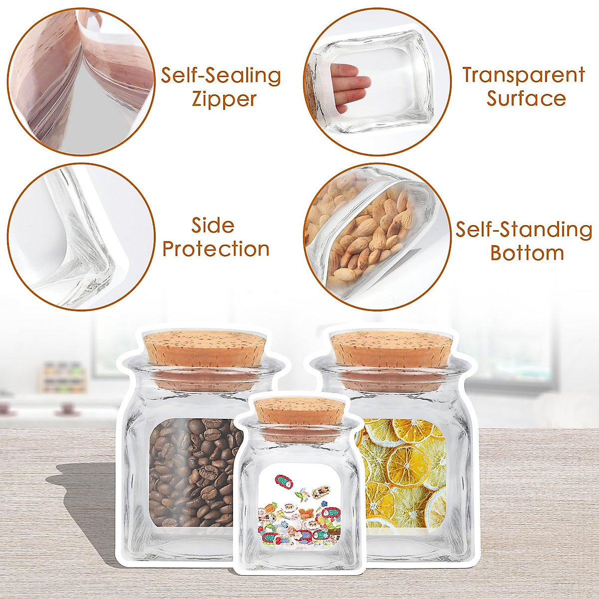 100 pcs Reusable Mason Jar Bags,Large Food Storage Ziplock Bags,5.5" X 7.8" Cute Plastic Zipper Leakproof Bags for Freezer Kitchen Camping Picnic Organizer