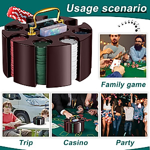 Wettarn Poker Chips Poker Set, 200 Count Rotating Poker Chip Case Wood Carousel Case Holder with 200 Pcs Chips and 2 Decks of Playing Cards for Casino Party Supplies Family Game Gambling Accessory