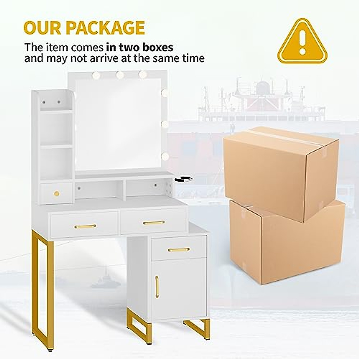 DWVO 41.2inch Makeup Vanity with Mirror and Lights, Vanity with Lights and Drawers, Vanity Mirror with Lights and Table Set, 3 Color Adjustable Lighting Brightness & Power Outlet, White