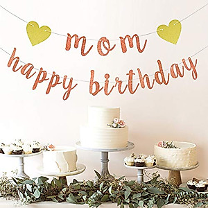 Rose Gold Glitter Happy Birthday Mom Banner - Cheers to Mother's Birthday Bunting Sign- Birthday Party Decorations Supplies for Women