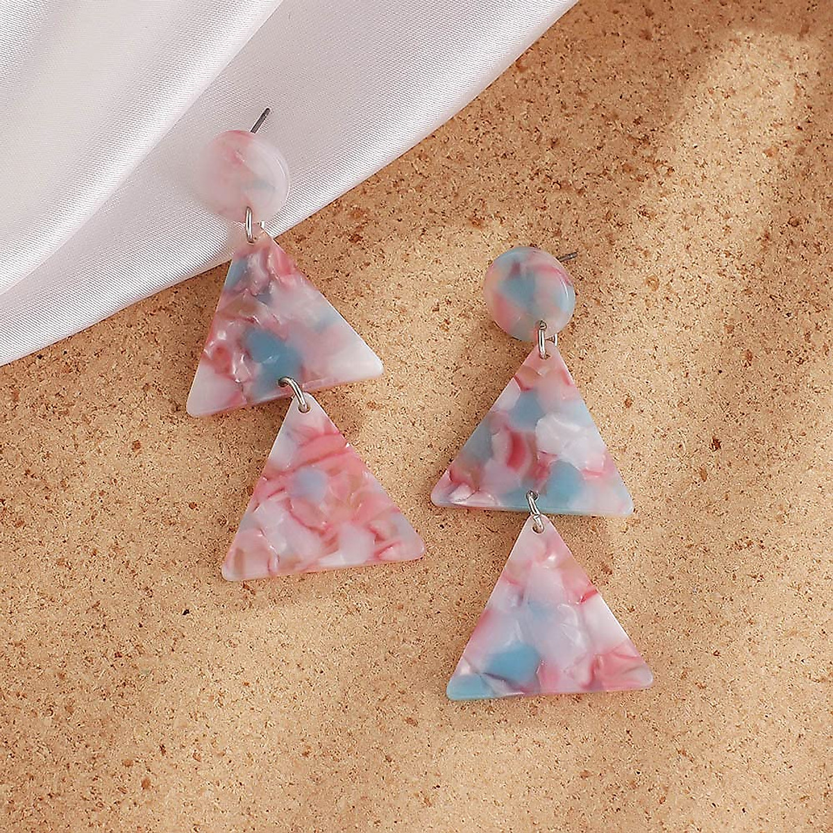 Acrylic Double Triangle Dangle Earrings for Women Resin Geometric Round Circle Tassel Drop Dangling Stud Hypoallergenic Lightweight Retro Party Y2K Jewelry Christmas Tree (Pink and Blue)