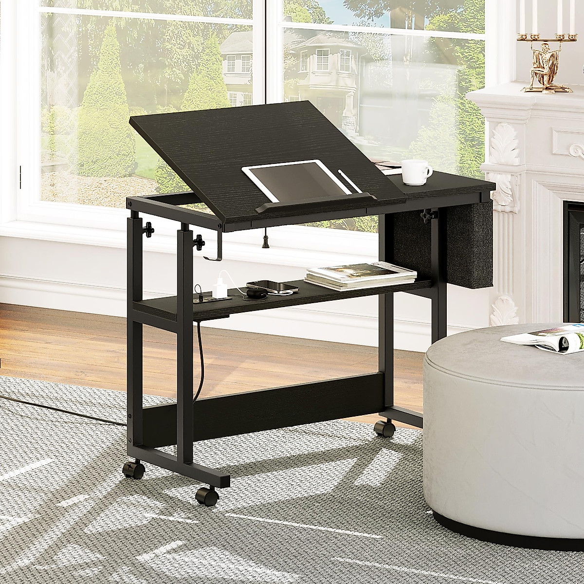YITAHOME Height Adjustable Table with Charging Station, Portable Desk with Wheels, Small Standing Rolling Computer Desk with Tiltable Tabletop and Storage Bag, Black
