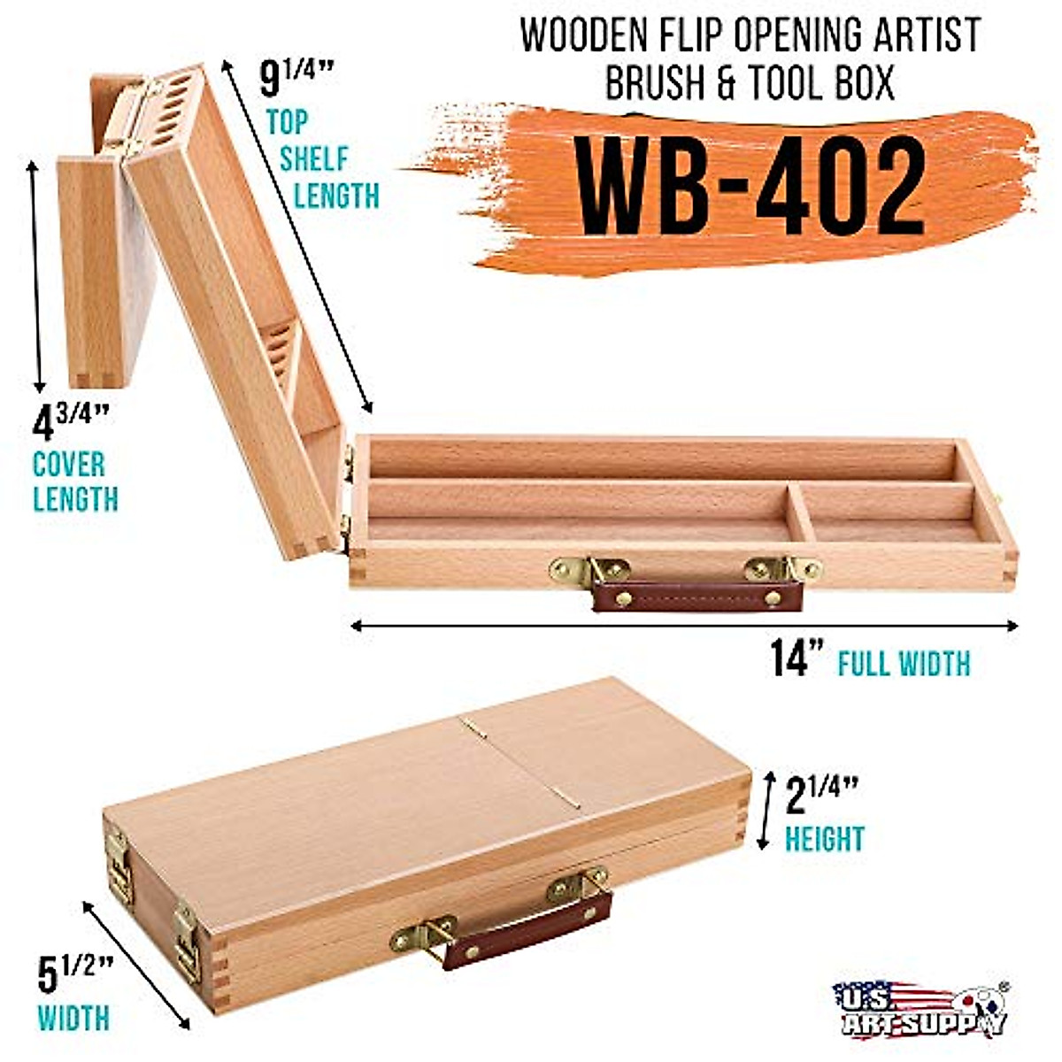 US Art Supply Wooden Flip Opening Artist Brush & Tool Box