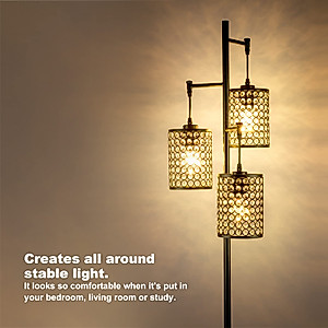 EE Eleven Master 3-Light Industrial Floor Lamp for Farmhouse, Elegant Crystal Tall Standing Light with On/Off Switch, Sturdy Base Tree Black Pole Light Great for Living Room Bedroom Office Home