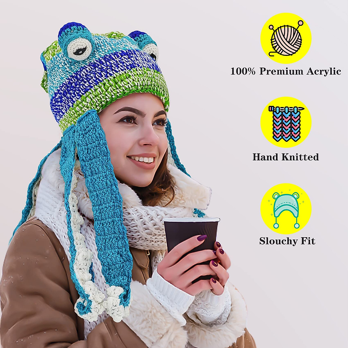 Aizami Knitted Winter Hat Knit Beanie Octopus Hat Unique Soft and Warm Hand Weave Hat for Women and Men Christmas Hat Blue-White, 7 1/8