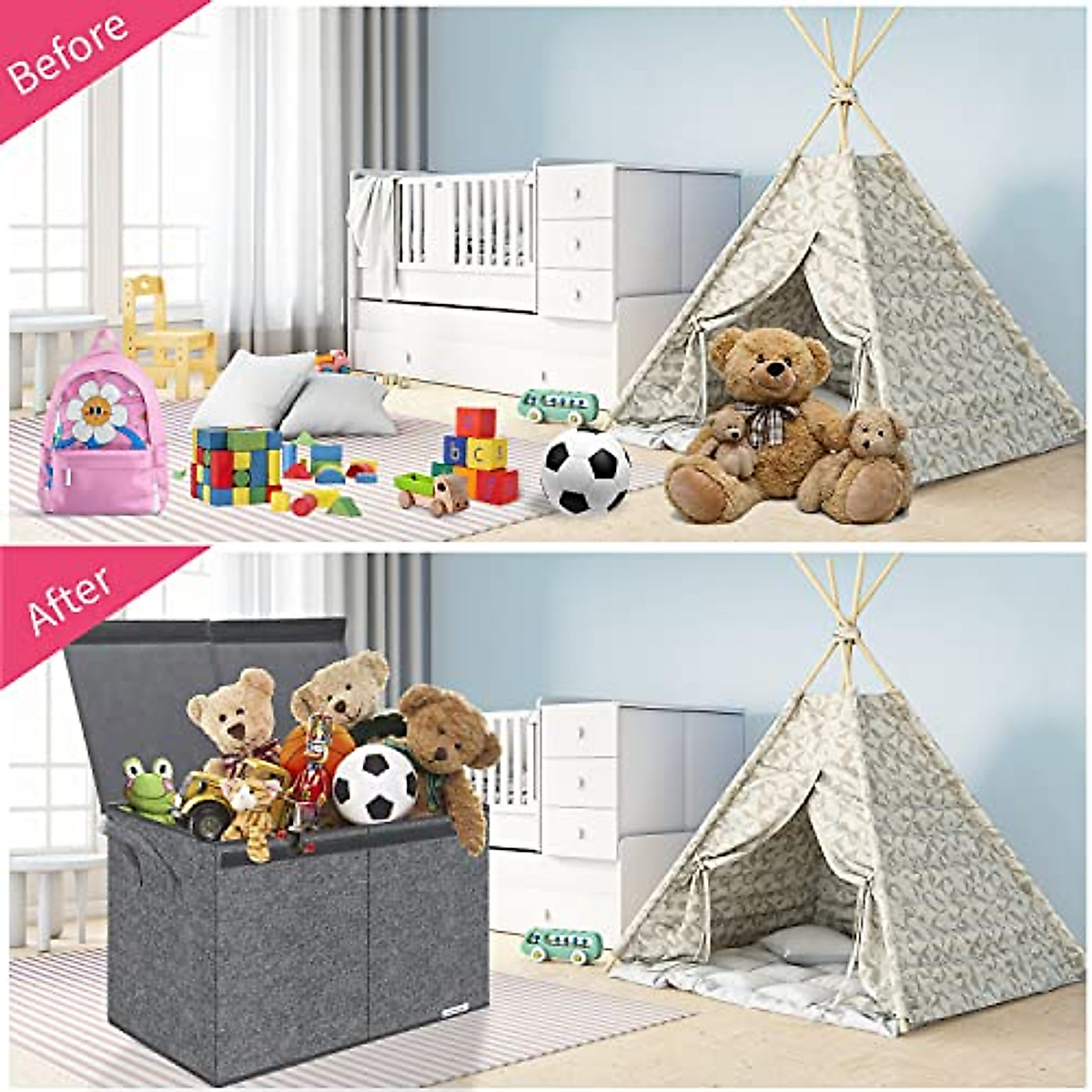 Friday Monkey Large Toys Box Storage Organizer with Lid & Comfortable Handles, Collapsible Sturdy Toy Chest Boxes Bins Baskets for Kids, Boys, Girls, Playroom, 25x13x16inch, Dark Grey, ZMBCWJX