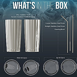 BluePeak Double Wall Vacuum Stainless Steel Insulated Tumblers Set, 2-Pack - Includes 2 Sipping Lids, 2 Spill-Proof Sliding Lids, 2 Straws, 1 Cleaning Brush & Gift Box (20 oz, Silver)