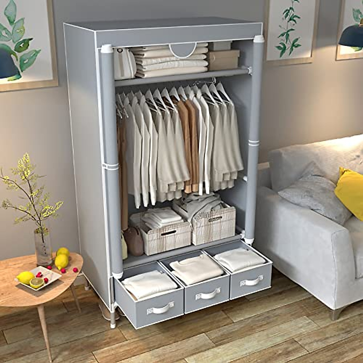 ASSICA Portable Clothes Closet Rolling Door Wardrobe with Hanging Rack Non-Woven Fabric Storage Organizer with Three Drawer Boxes No-Tool Assembly - 35.4 x 17.7 x 67.0 ‘’ (Gray)