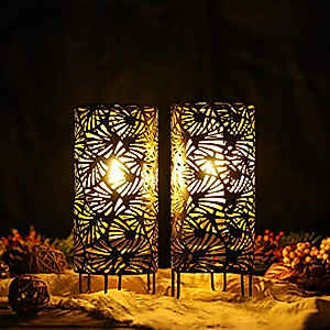 JHY DESIGN Set of 2 Metal Lamp Battery Powered 9''High Accent Cordless Lamp with LED Bulb Huge Fan Patterned Battery Lamp for Weddings Parties Patio Garden Indoors Outdoors Table Bed Room