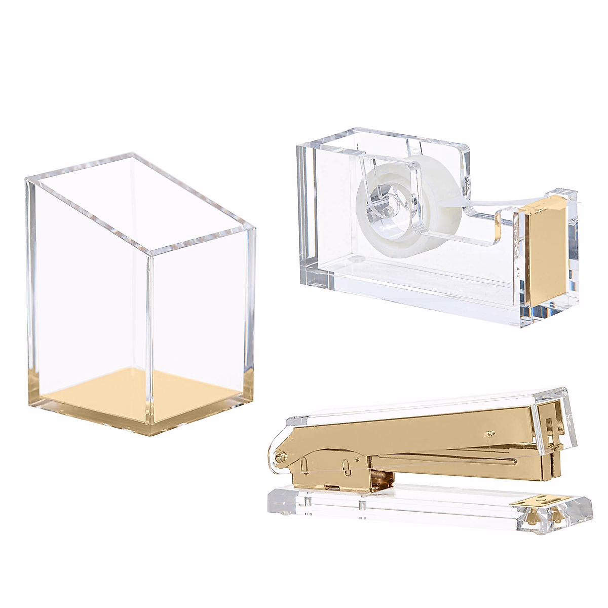 Punch & Stick | Stationery & Desk Accessories | Pen Holder, Stapler & Tape Dispenser | Gold & Clear Acrylic Lucite | Office Desk Accessories | Office Gift Set