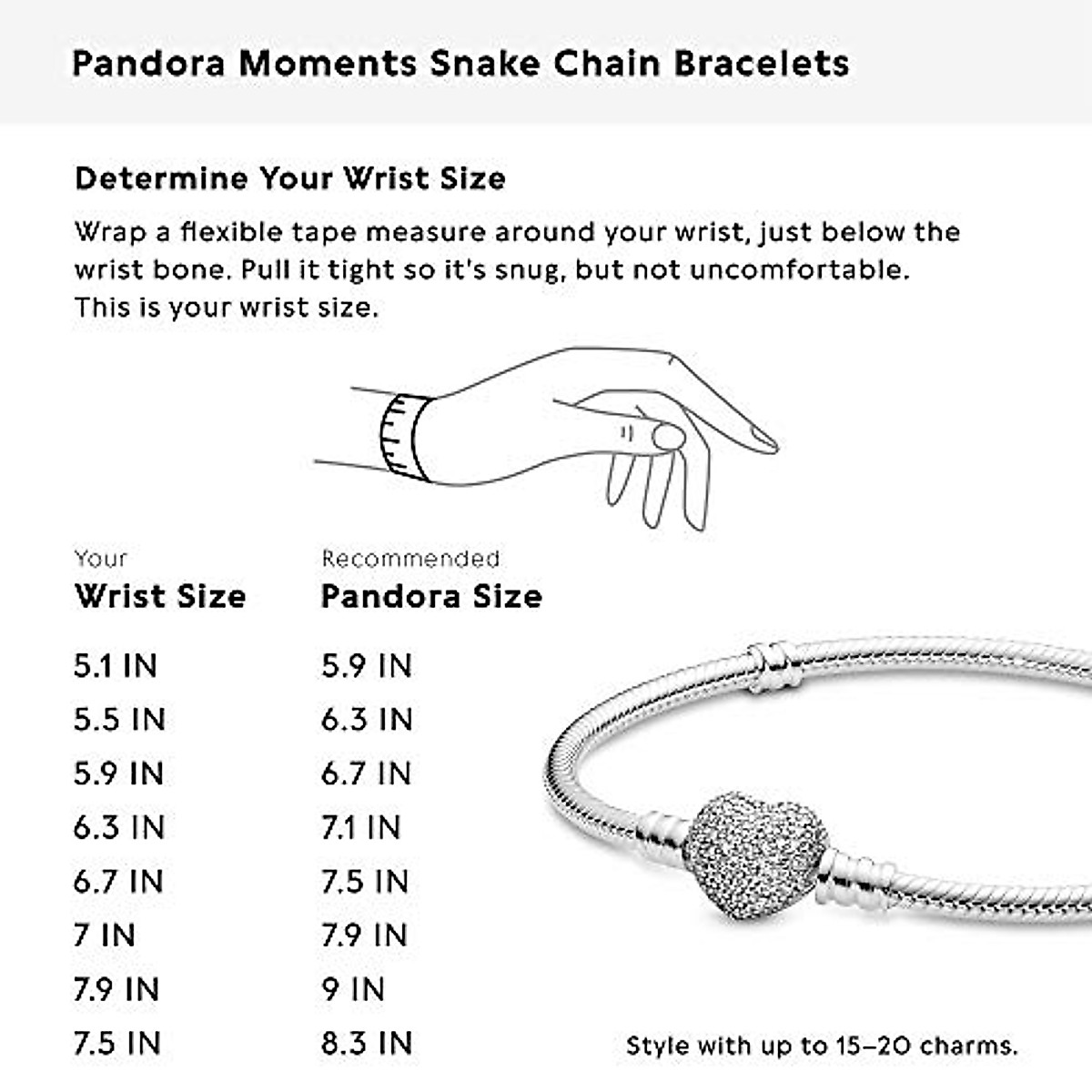 Pandora Jewelry Moments Sparkling Heart Clasp Snake Chain Charm Cubic Zirconia Bracelet in Sterling Silver, 7.1"