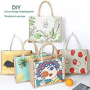 Jute Beach Tote Bags,MEIANJUN Set of 6 Burlap Tote Bags with Button Travel with Handle Grocery Bag Bridesmaid Bags Tote Bag for Beach wedding Shopping travel Arts and Crafts DIY 14.5*10.7*6.5[6pcs]