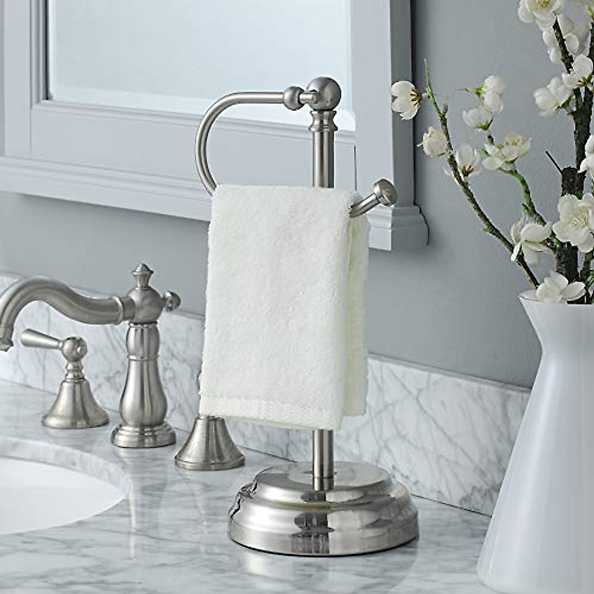 SunnyPoint Heavy Weight Classic Decorative Metal Fingertip Towel Holder Stand for Bathroom, Kitchen, Vanity and Countertops. (Brush Chrome, 13.5" x 5.5" x 5.5" INCH)