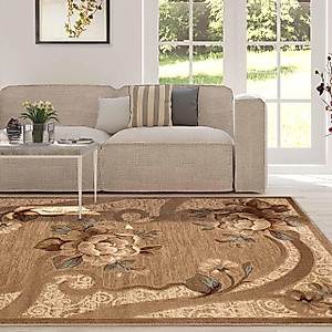 Superior Indoor Area Rug, Jute Backing, Plush Modern Farmhouse Rug for Entryway, Living Room, Kitchen Floors, Bedroom, Office Floor Cover, Soft Floral Scroll Rugs, Rinceau Collection, 5' x 8', Taupe