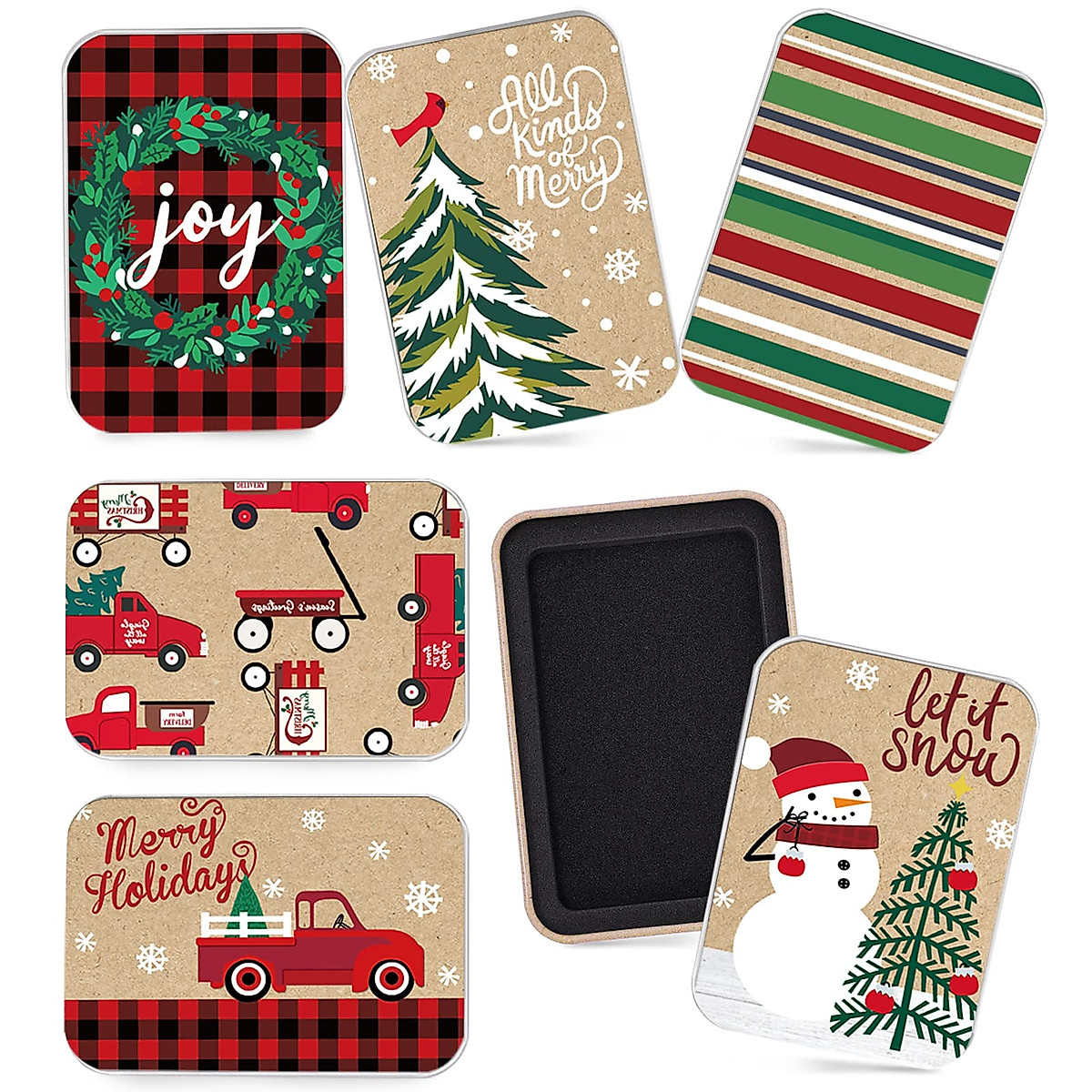 Whaline 12Pcs Christmas Tin Gift Card Holder Boxes 6 Design Metal Box with Lids Rustic Xmas Tree Snowman Tin Box Container for Christmas Stocking Stuffer Cards Crafts Party Favors